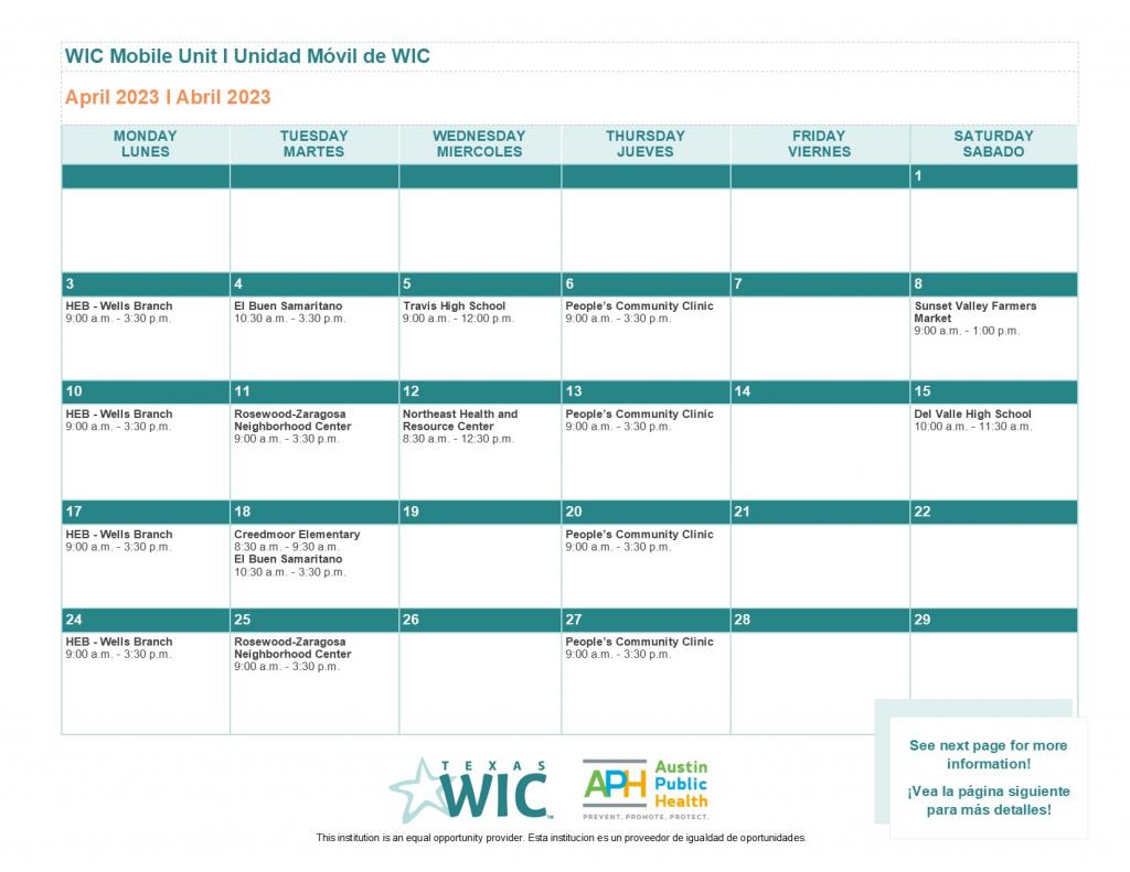 WIC Mobile Unit Schedule | AustinTexas.gov