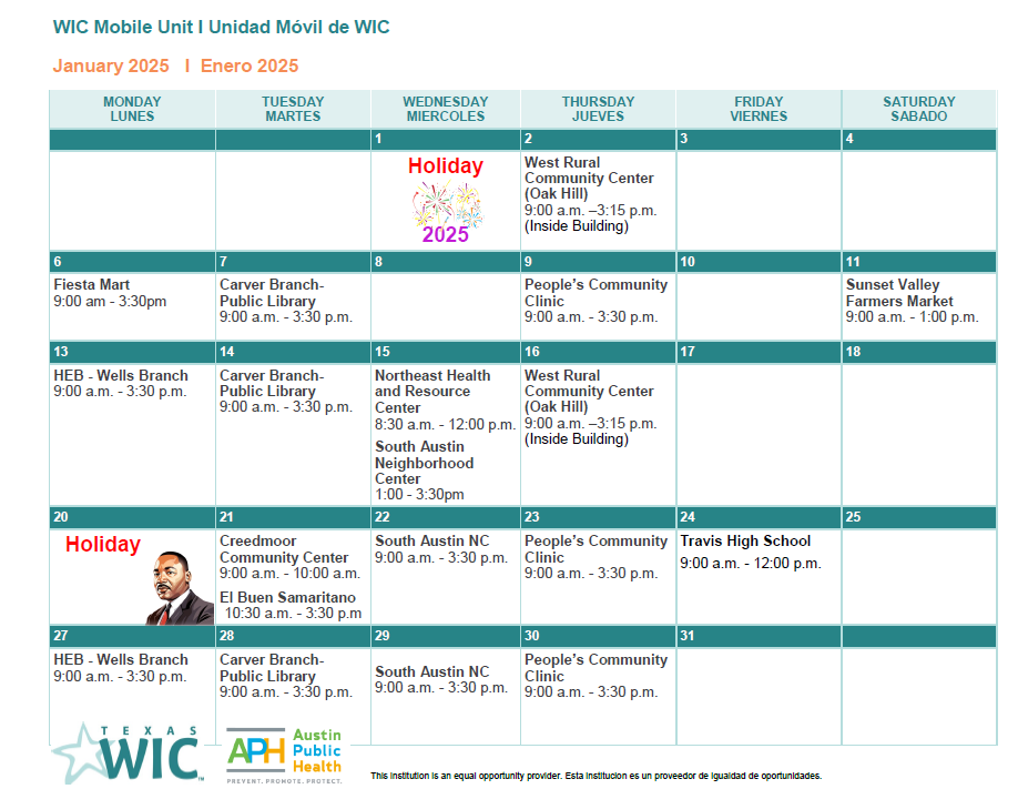 WIC Mobile Unit Schedule | AustinTexas.gov